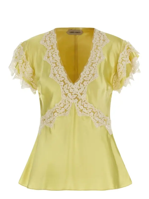 Alberta Ferretti Lace Trim V-neck Top - Yellow