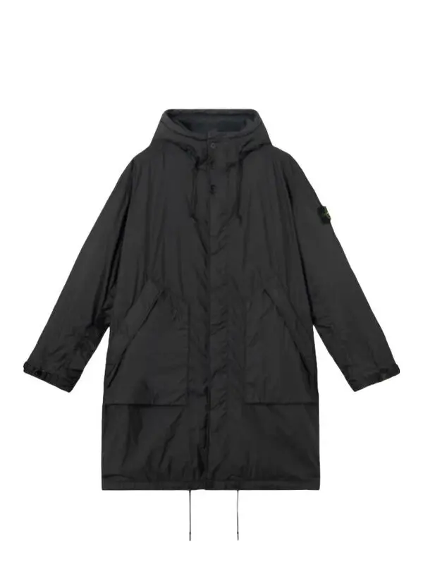 Stone Island Hooded Drawstring Coat With Logo Patch - Black