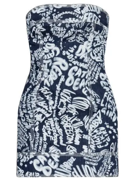 Dsquared2 Denim Graffiti Print Off-the-shoulder Mini Dress - Blue
