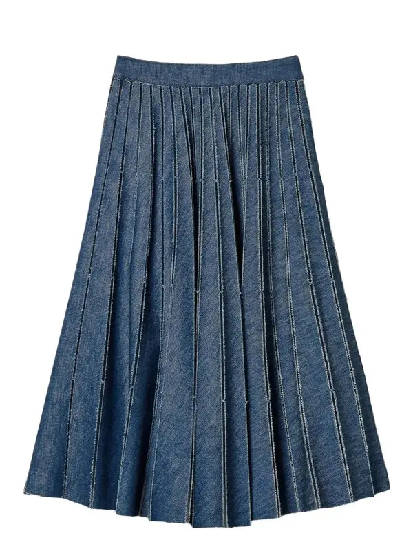 TWINSET Pleated Denim Midi Skirt - Blue