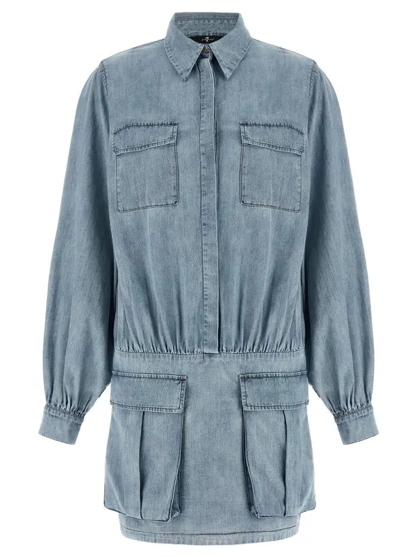 7 For All Mankind Denim Shirt Dress With Front Pockets - Blue