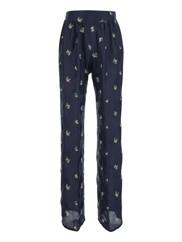 FORTE_FORTE Floral Embroidered High Waisted Wide Leg Trousers - Black