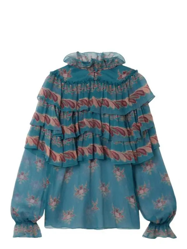 Etro Silk Blouse With Placed Print And Ruffles - Blue