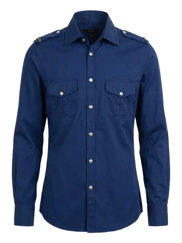 Gucci Classic Collar Long Sleeve Shirt With Epaulets And Chest Pockets - Blue
