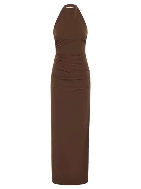 SIR. Halterneck Ruched Maxi Dress - Brown