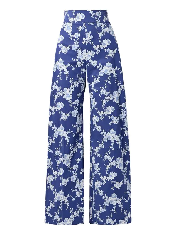 Carolina Herrera Printed Pleated High-waisted Wide-leg Trousers - Blue