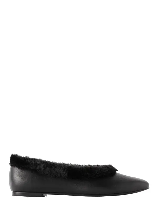 Staud Leather Ballet Flats With Faux Fur Trim - Black