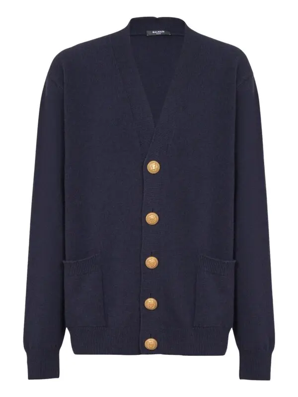 Balmain V-neck Cardigan With Gold Lion Buttons - Navy Blue