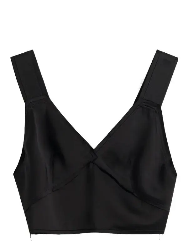 TOTEME V-neck Cropped Satin Top With Frayed Edges - Black