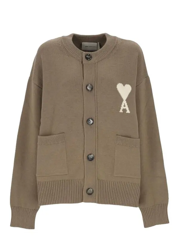 Ami Long Sleeve Buttoned Cardigan With Heart Motif - Taupe
