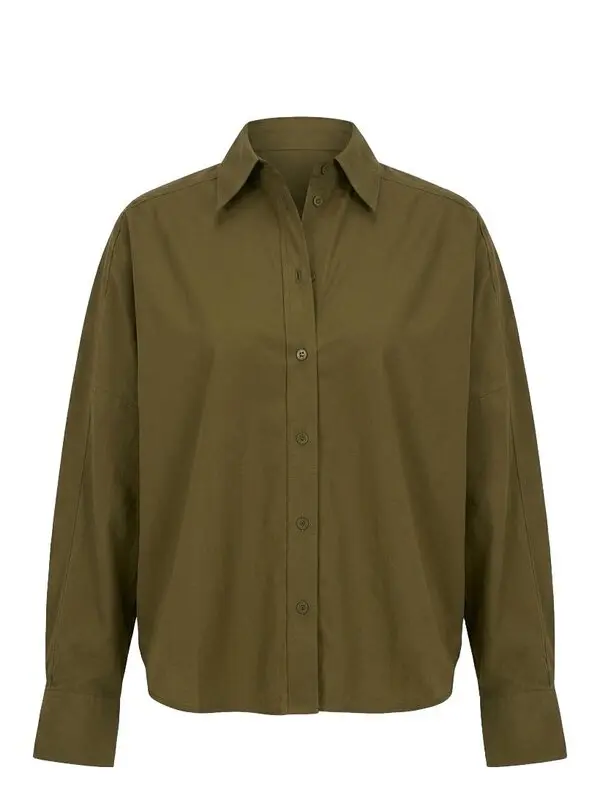 Closed Long-sleeved Collared Shirt With Buttoned Cuffs And Pleated Back Detail - Green