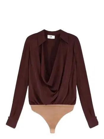 Elisabetta Franchi Georgette Bodysuit With Draped Neckline And Pointed Collar - Brown