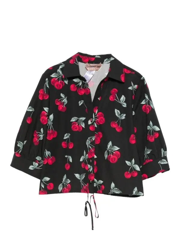 TWINSET Cherry Print Cropped Poplin Shirt - Black