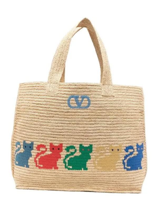 Valentino Garavani Vlogo Signature Cat-print Raffia Tote Bag - Nude