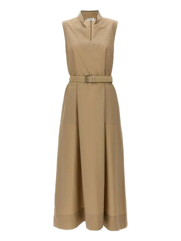 Brunello Cucinelli Beaded-trim V-neck Tunic Dress - Beige