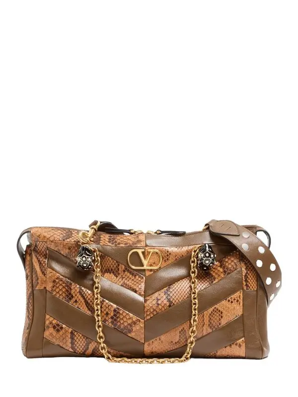 Valentino Garavani Leather And Embossed Shoulder Bag With Studded Strap - Brown