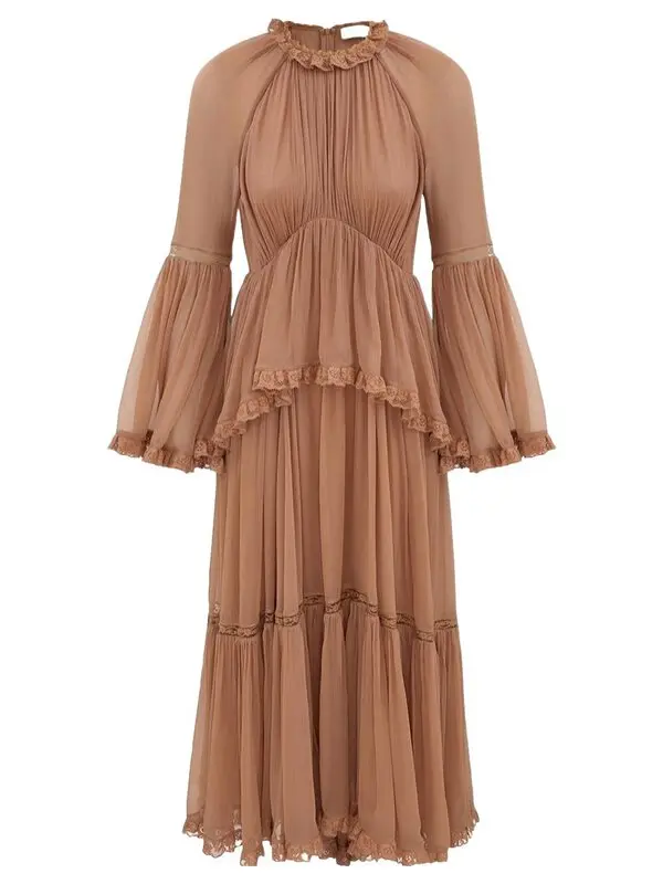 Zimmermann Ruffled Lace Trim Midi Dress - Biscuit