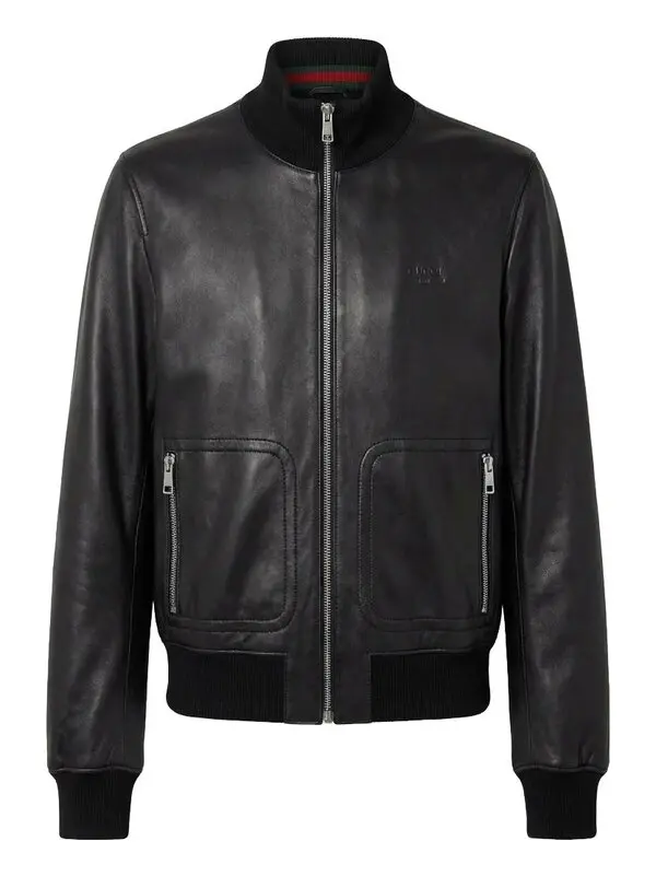 Gucci Leather Bomber Jacket With Zip Up And Logo Detail - Black