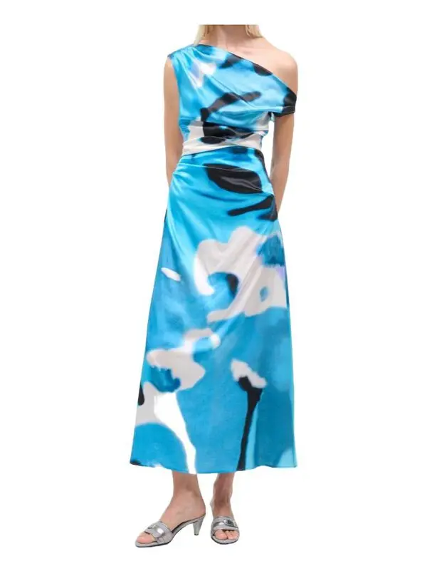 Staud Phare Silk Dress With Draped Off-the-shoulder Neckline - Blue Haze
