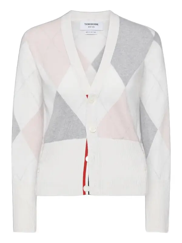 Thom Browne Argyle Intarsia Cashmere Cardigan - White
