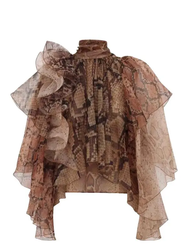 Zimmermann Ruffled Snakeskin-print Blouse - Brown