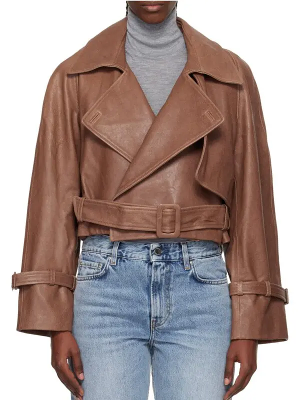 Nour Hammour Cropped Belted Leather Jacket - Brown