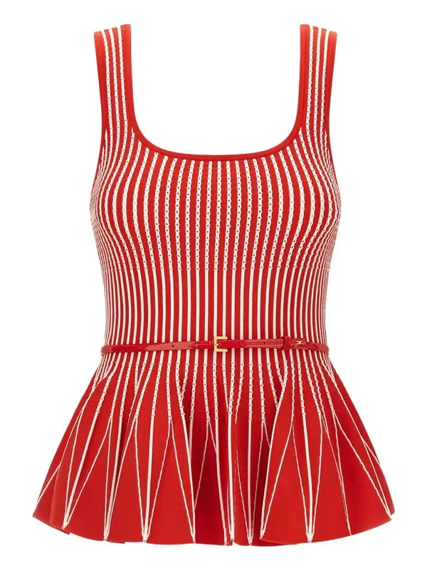 Elisabetta Franchi Two-tone Ribbed Knit Top With Flared Hem - Red