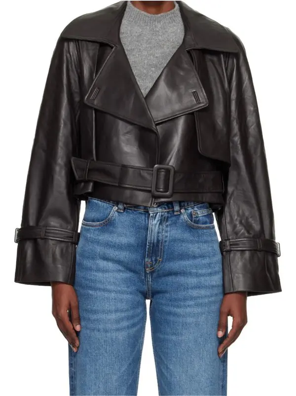Nour Hammour Cropped Leather Jacket With Belted Waist - Brown