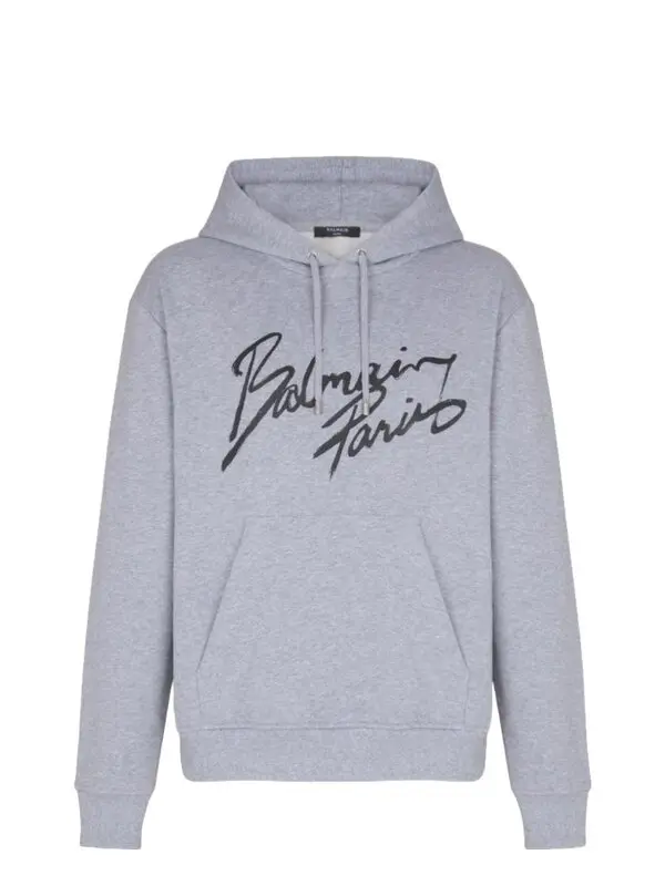 Balmain Drawstring Hoodie With Printed Logo - Grey