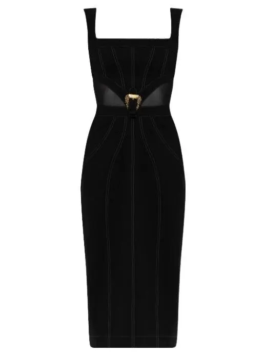 Versace Logo Buckle Denim Midi Dress - Black
