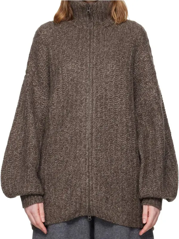 LISA YANG Long Sleeve Zip-up Cardigan With Bishop Sleeves - Brown