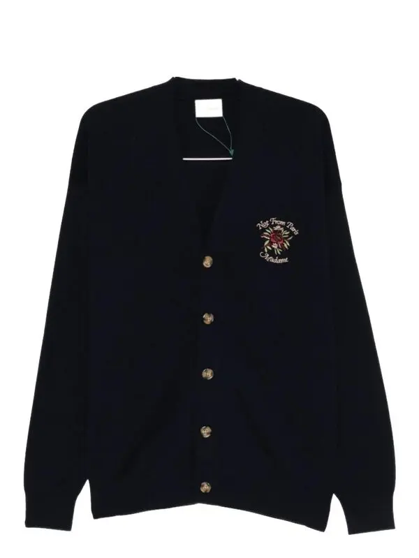 Drole De Monsieur Long Sleeve Knitted Cardigan With Embroidery - Navy Blue
