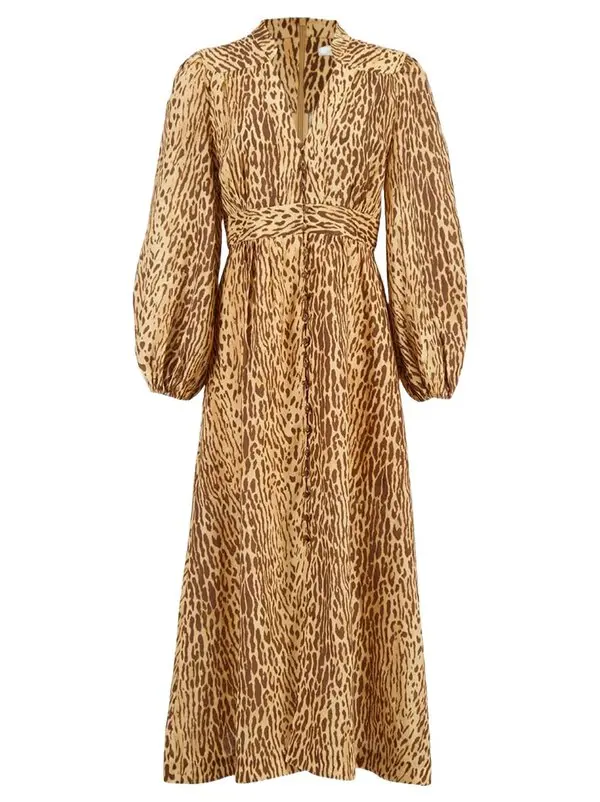 Zimmermann Plunge Midi Dress With Long Sleeves And Graphic Print - Brown