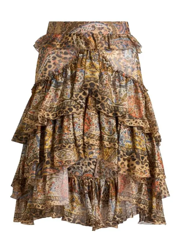Etro Paisley Printed Asymmetrical Ruffled Skirt - Brown