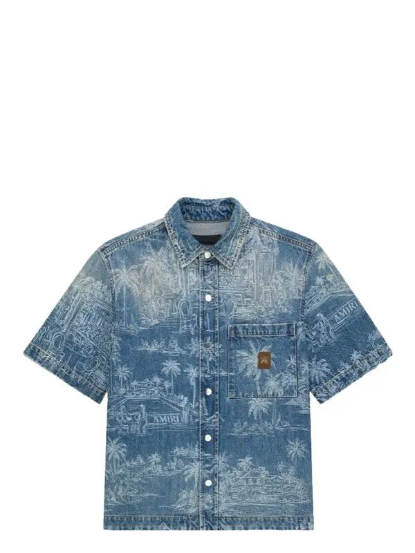 Amiri Printed Denim Short Sleeve Shirt - Indigo