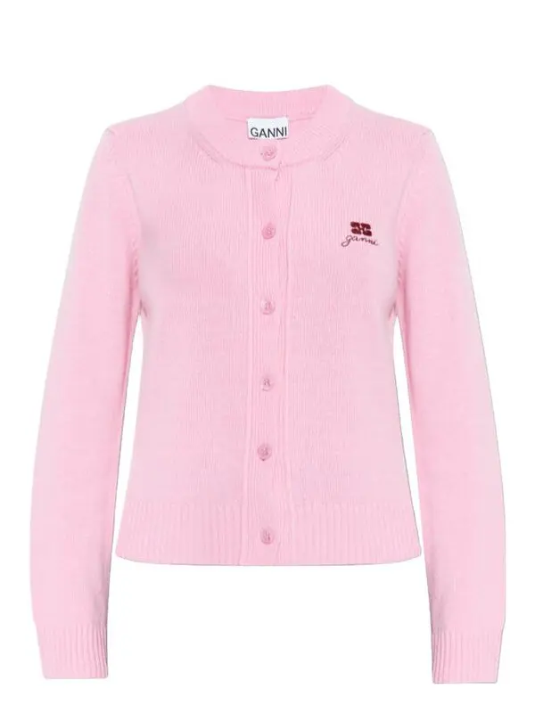 GANNI Wool Mix Cardigan With Embroidered Logo - Pink