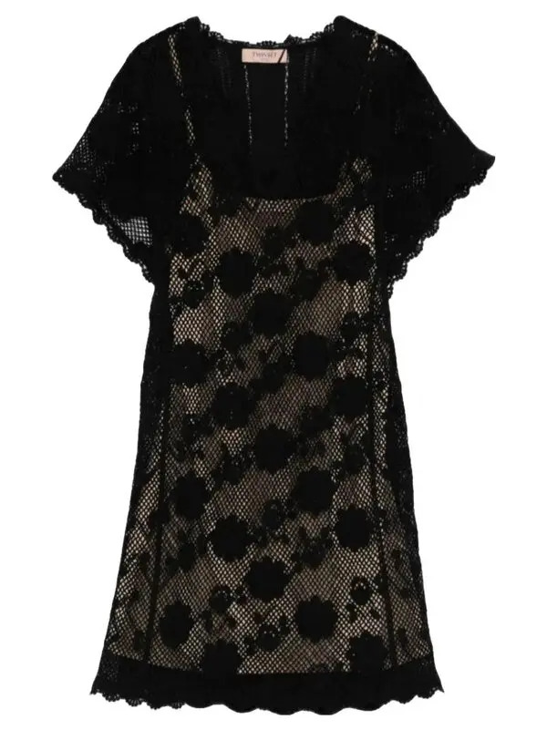 TWINSET Lace Mini Dress With Floral Appliqué And Scalloped Trim - Black
