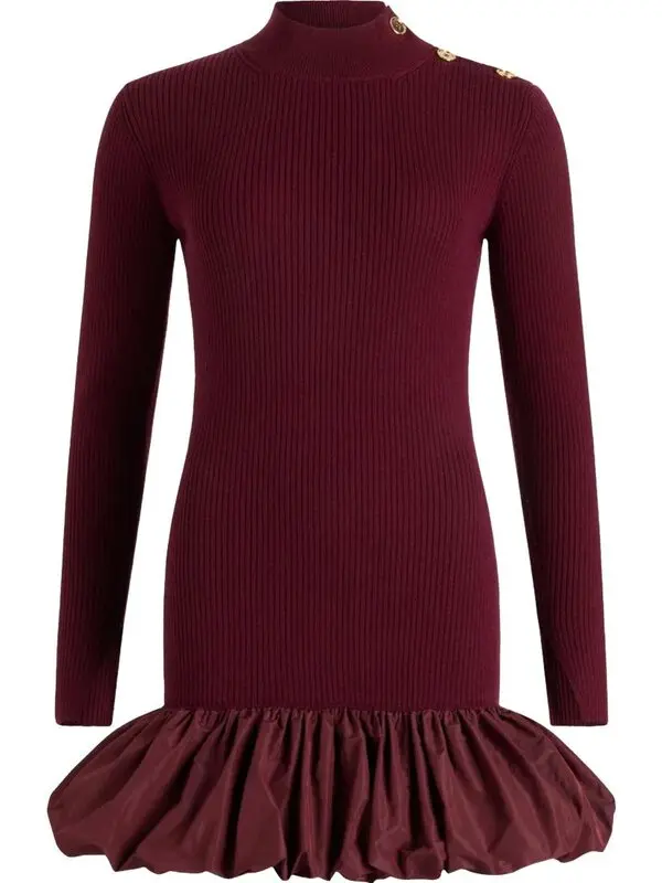 PATOU Ribbed Mock Neck Mini Dress With Button Detail And Ruffle Hem - Brown
