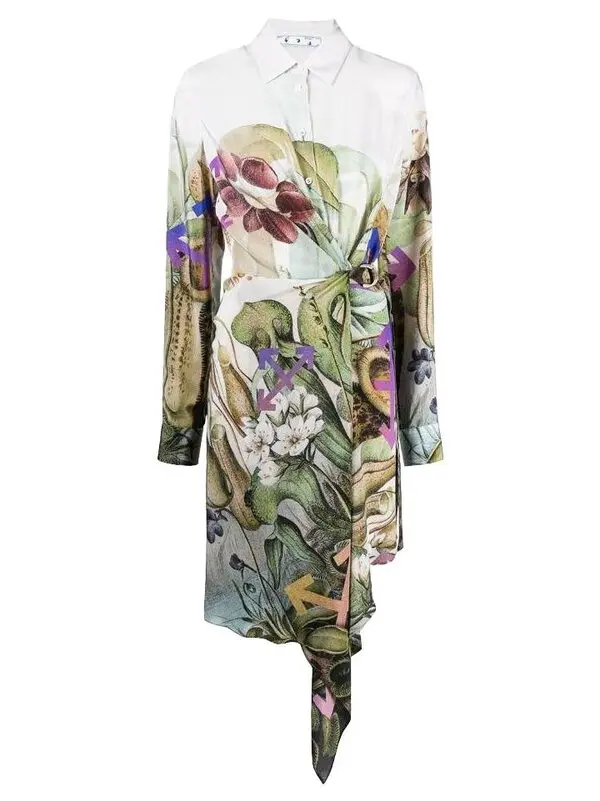 Off-White Botanical Print Shirt Dress - Multicolor