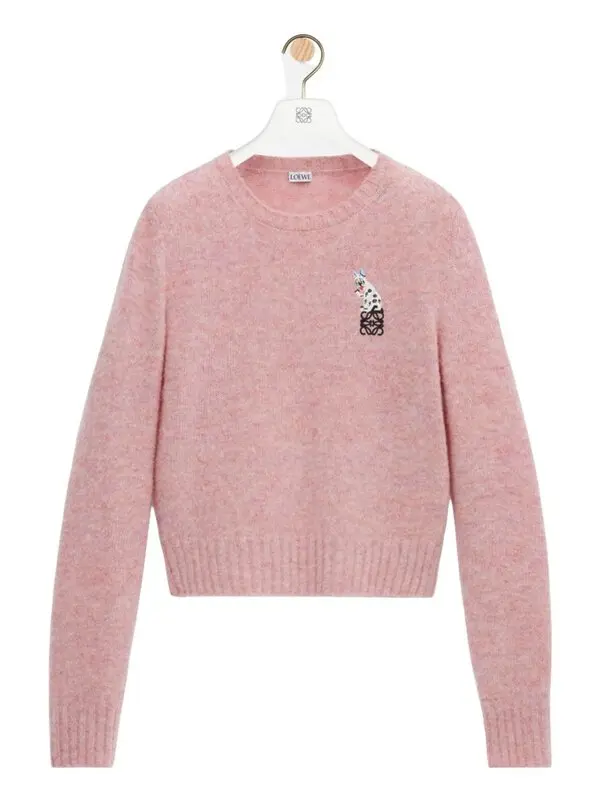Loewe Cropped Intarsia Knitted Sweater With Futuristic Cat Embroidery - Pink