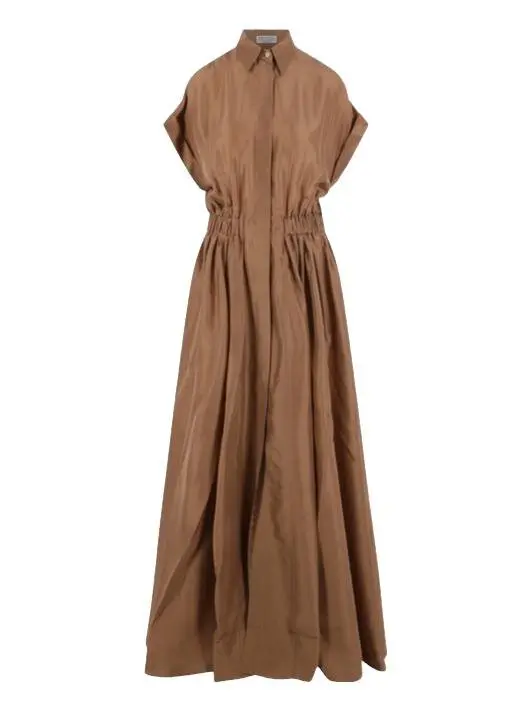 Brunello Cucinelli Short Sleeve Pleated Dress - Caramel Color