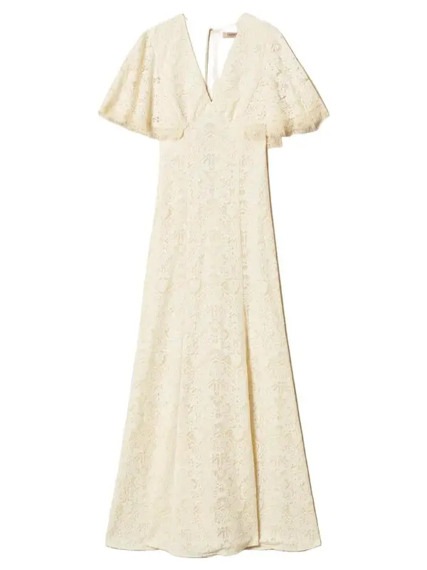 TWINSET Lace Mermaid Maxi Dress With Ruffles And V-neck - White