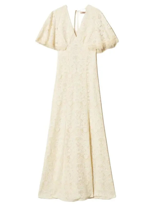 TWINSET Lace Mermaid Maxi Dress With Ruffles And V-neck - White