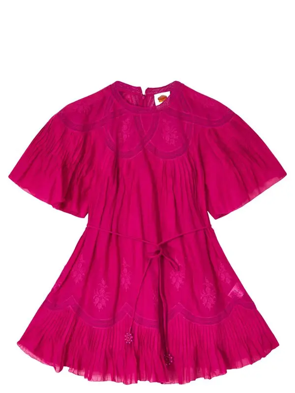 Farm Rio Pleated Short-sleeve Mini Dress With Cut-out Pattern - Pink