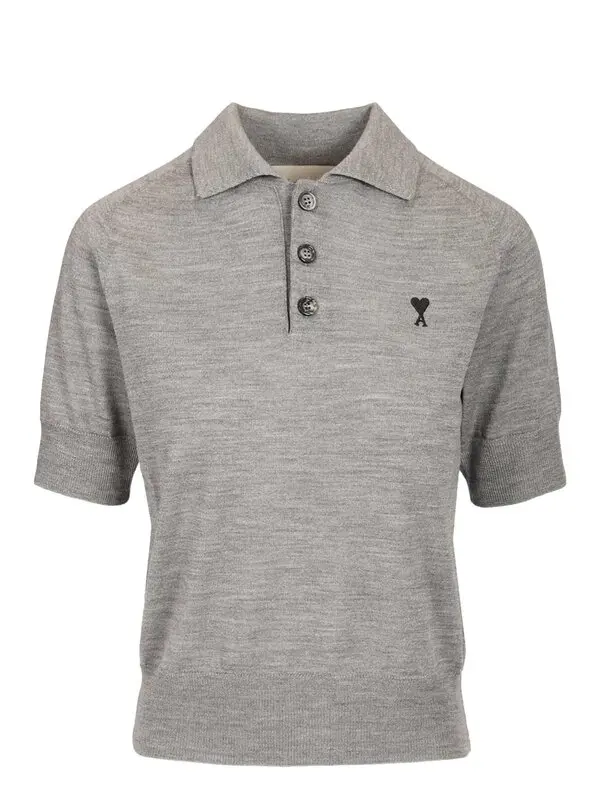 Ami Logo Embroidered Knitted Polo Top - Grey