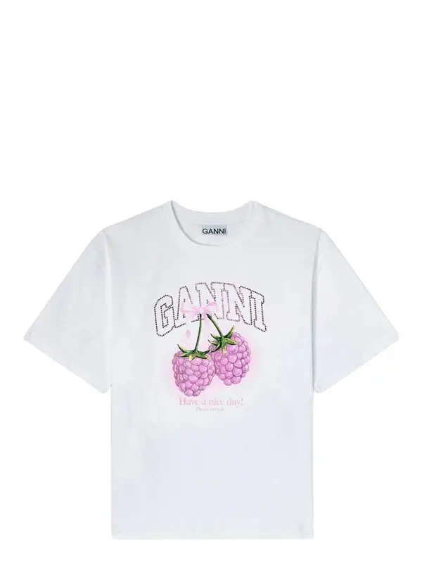 GANNI Rhinestone Raspberry Print T-shirt - White