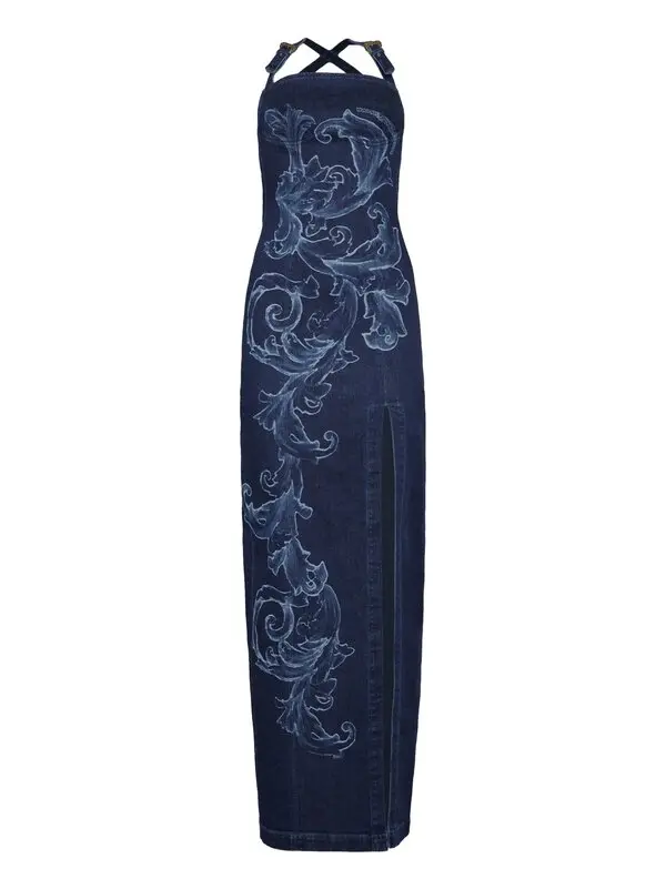 Versace Denim Maxi Dress With Side Slit - Blue