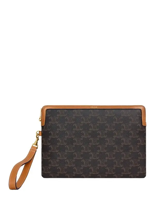 Celine Small Pouch With Strap In Triomphe Canvas And Calfskin - Tan