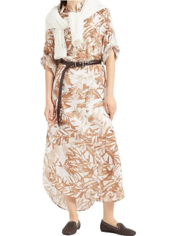 Brunello Cucinelli Herbarium-print Long Sleeve Shirt Dress - Brown