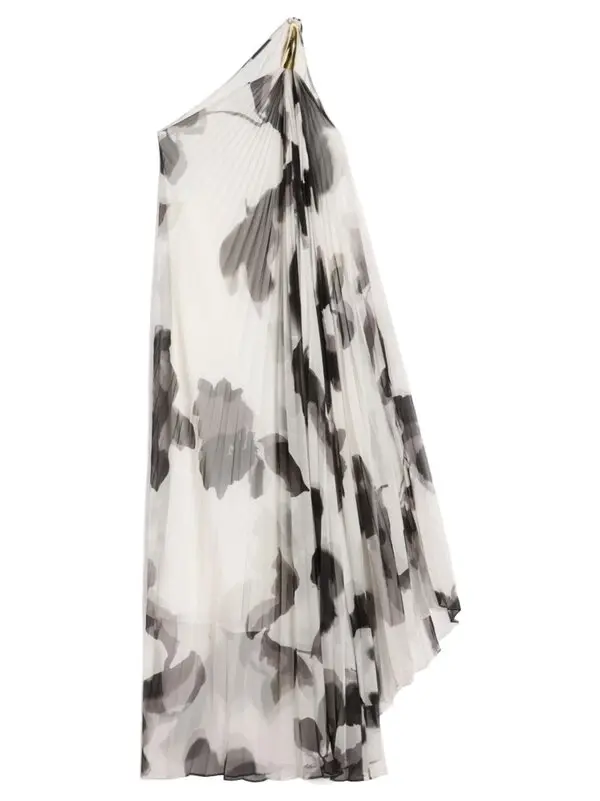 Max Mara Floral-print Pleated One-shoulder Maxi Dress - White